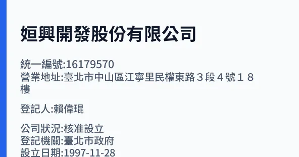 姮興開發股份有限公司的照片-統編 16179570(臺北市) 公司登記資料與營業項目詳細圖表