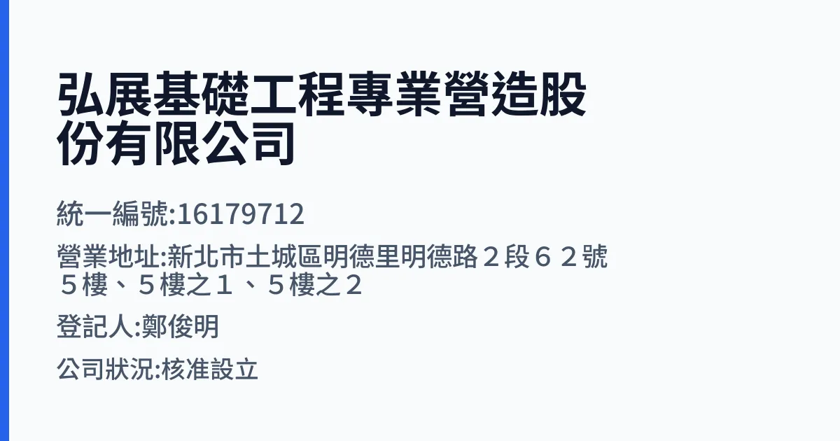 弘展基礎工程專業營造股份有限公司 - 統編 16179712(新北市) 公司登記資料與營業項目詳細圖表