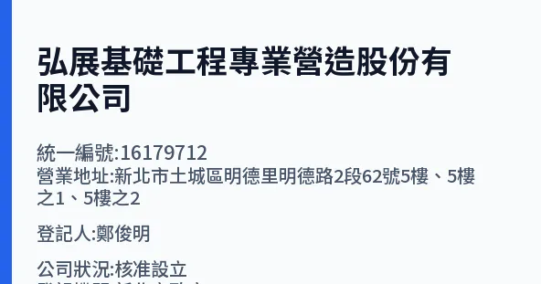弘展基礎工程專業營造股份有限公司的照片-統編 16179712(新北市) 公司登記資料與營業項目詳細圖表