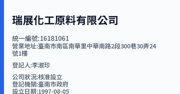 瑞展化工原料有限公司的照片-統編 16181061(臺南市) 公司登記資料與營業項目詳細圖表