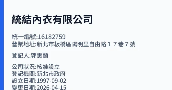 統結內衣有限公司的照片-統編 16182759(新北市) 公司登記資料與營業項目詳細圖表