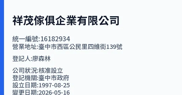 祥茂傢俱企業有限公司的照片-統編 16182934(臺中市) 公司登記資料與營業項目詳細圖表