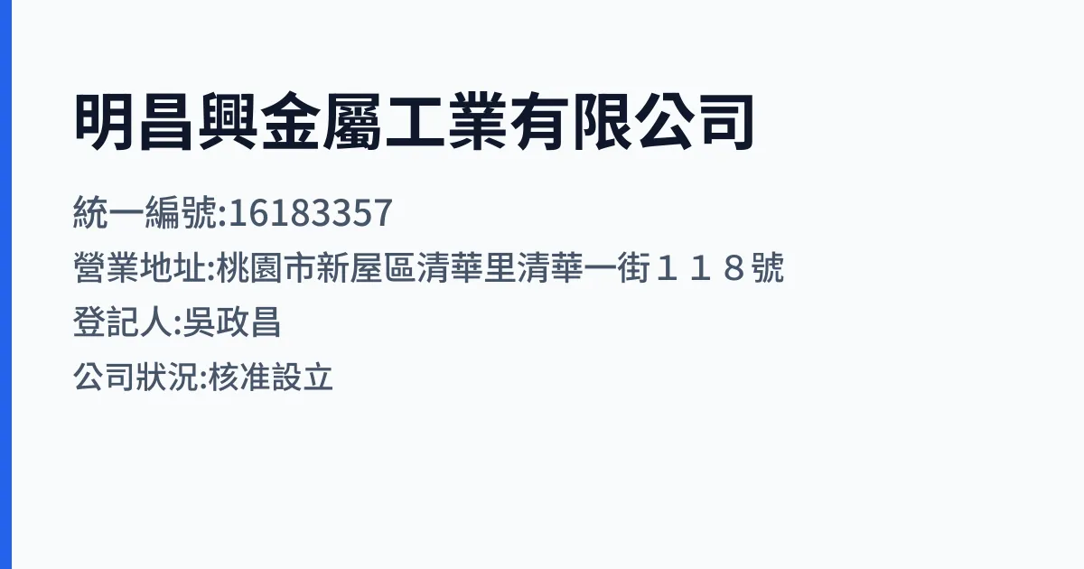 明昌興金屬工業有限公司 - 統編 16183357(桃園市) 公司登記資料與營業項目詳細圖表