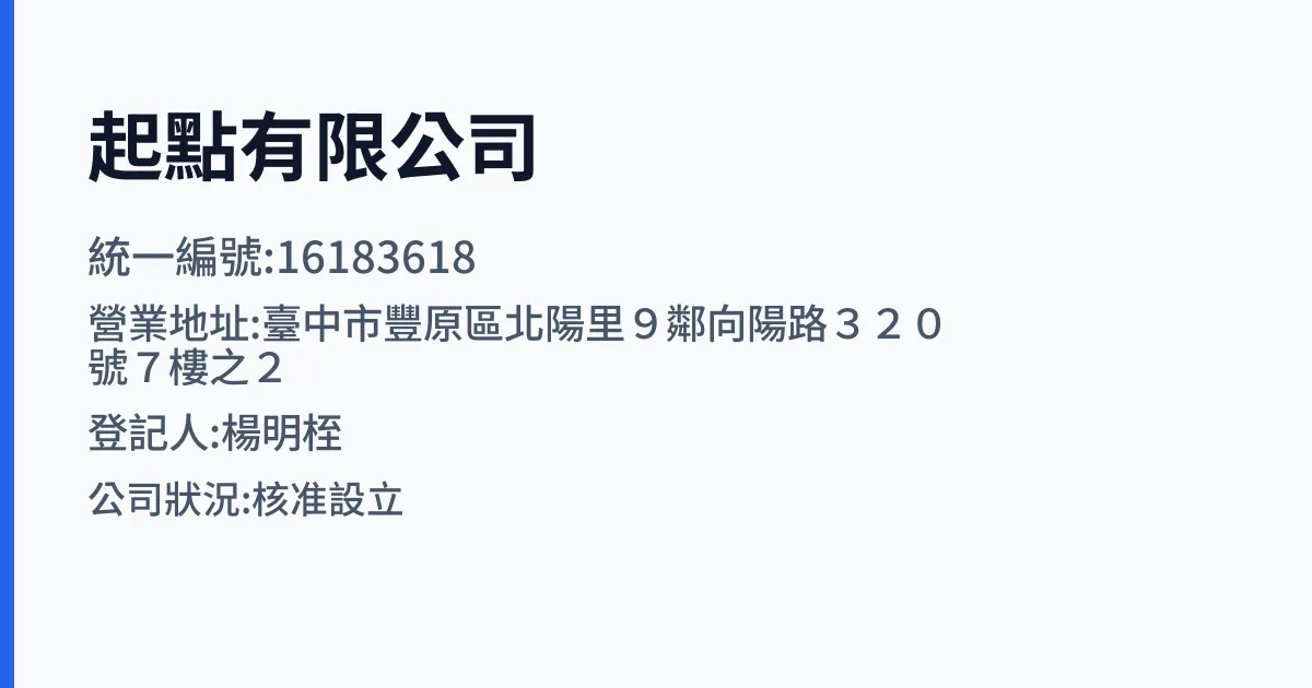 起點有限公司 - 統編 16183618(臺中市) 公司登記資料與營業項目詳細圖表