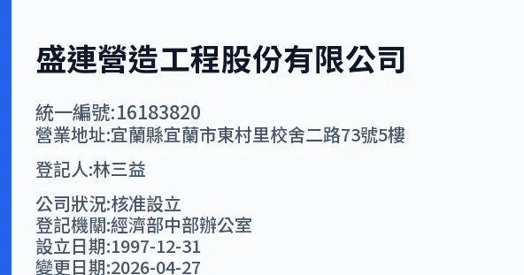 盛連營造工程股份有限公司的照片-統編 16183820(宜蘭縣) 公司登記資料與營業項目詳細圖表