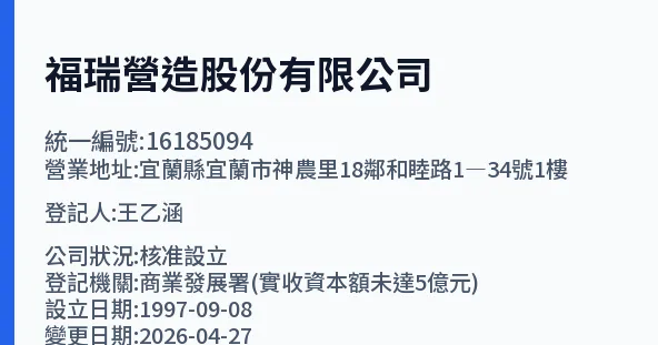 福瑞營造股份有限公司的照片-統編 16185094(宜蘭縣) 公司登記資料與營業項目詳細圖表