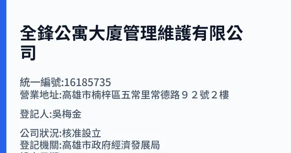 全鋒公寓大廈管理維護有限公司的照片-統編 16185735(高雄市) 公司登記資料與營業項目詳細圖表