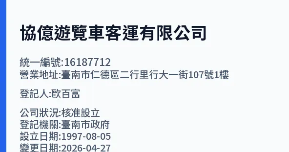 協億遊覽車客運有限公司的照片-統編 16187712(臺南市) 公司登記資料與營業項目詳細圖表