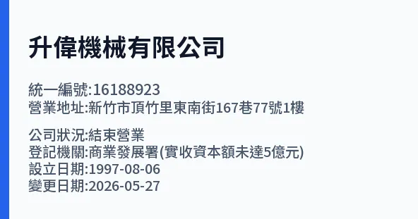 升偉機械有限公司的照片-統編 16188923(新竹縣) 公司登記資料與營業項目詳細圖表