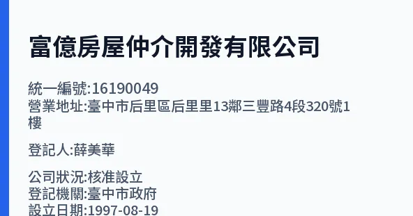 富億房屋仲介開發有限公司的照片-統編 16190049(臺中市) 公司登記資料與營業項目詳細圖表