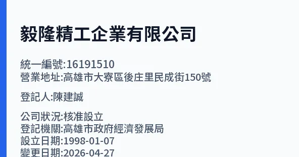 毅隆精工企業有限公司的照片-統編 16191510(高雄市) 公司登記資料與營業項目詳細圖表