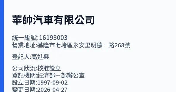 華帥汽車有限公司的照片-統編 16193003(基隆市) 公司登記資料與營業項目詳細圖表