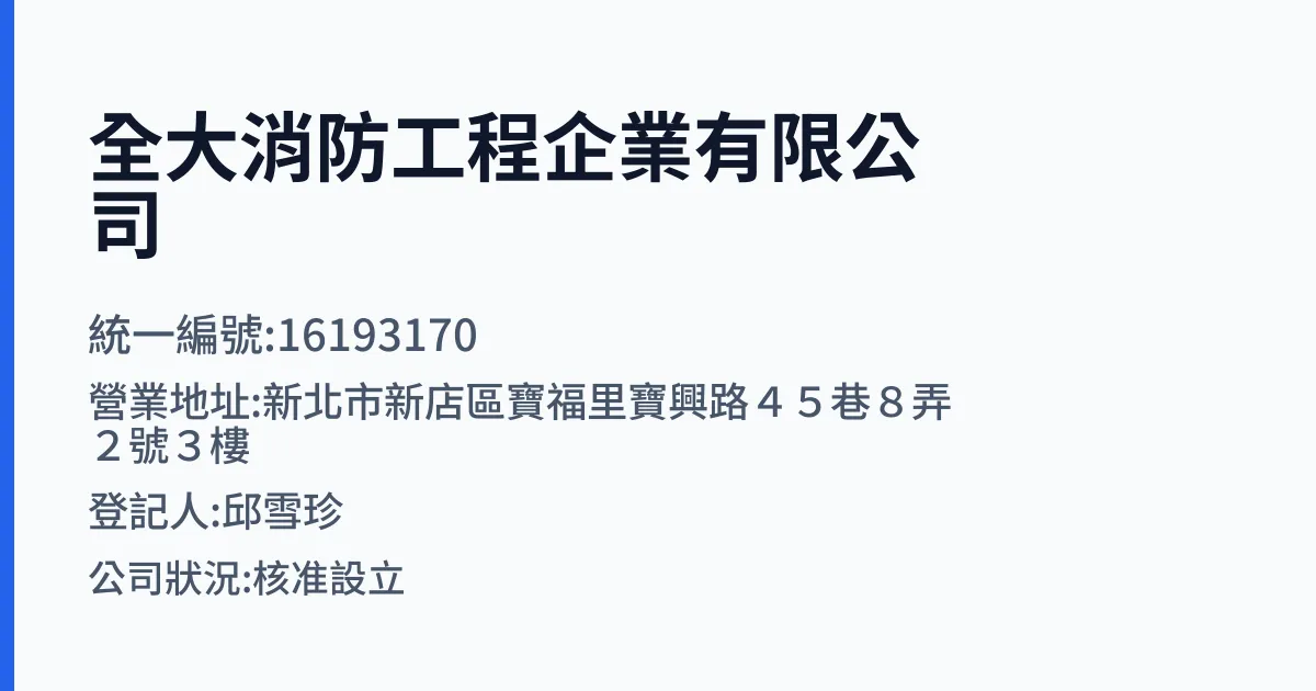 全大消防工程企業有限公司 - 統編 16193170(新北市) 公司登記資料與營業項目詳細圖表