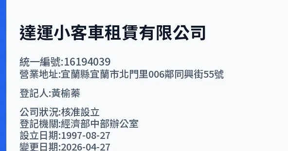 達運小客車租賃有限公司的照片-統編 16194039(宜蘭縣) 公司登記資料與營業項目詳細圖表