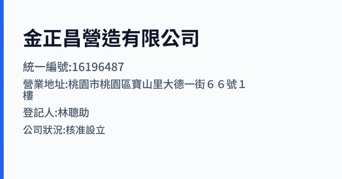 金正昌營造有限公司 - 統編 16196487(桃園市) 公司登記資料與營業項目詳細圖表