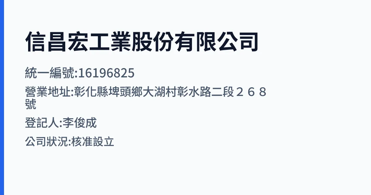 信昌宏工業股份有限公司 - 統編 16196825(彰化縣) 公司登記資料與營業項目詳細圖表