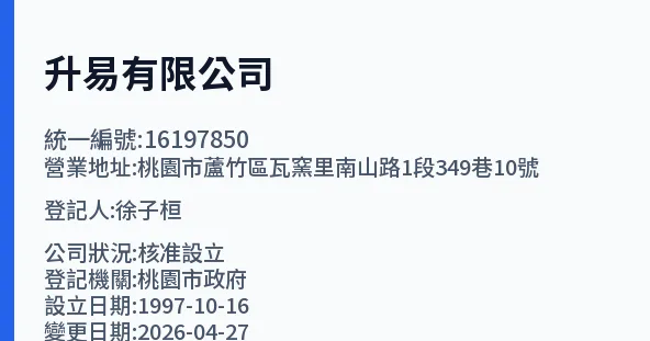 升易有限公司的照片-統編 16197850(桃園市) 公司登記資料與營業項目詳細圖表