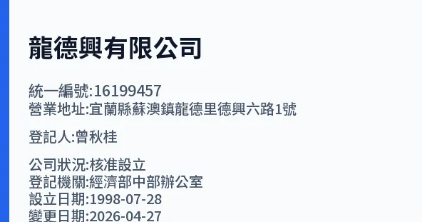 龍德興有限公司的照片-統編 16199457(宜蘭縣) 公司登記資料與營業項目詳細圖表