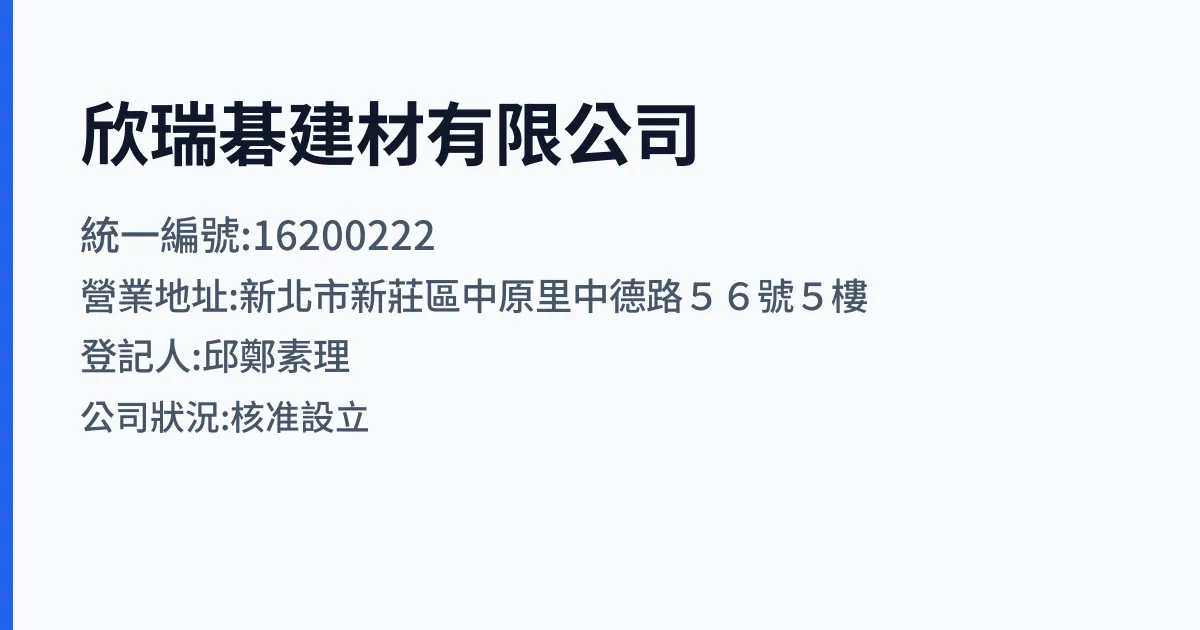 欣瑞碁建材有限公司 - 統編 16200222(新北市) 公司登記資料與營業項目詳細圖表