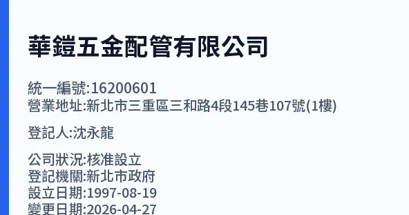 華鎧五金配管有限公司的照片-統編 16200601(新北市) 公司登記資料與營業項目詳細圖表