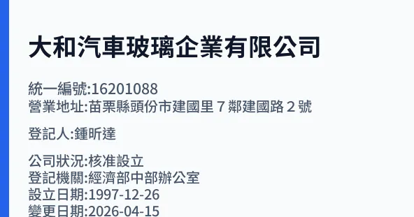 大和汽車玻璃企業有限公司的照片-統編 16201088(苗栗縣) 公司登記資料與營業項目詳細圖表