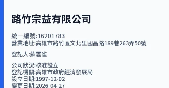 路竹宗益有限公司的照片-統編 16201783(高雄市) 公司登記資料與營業項目詳細圖表