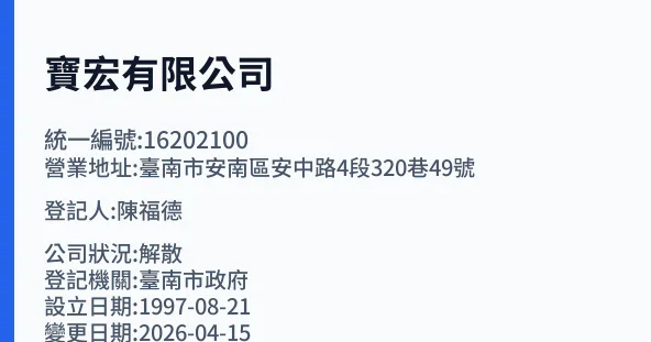 寶宏有限公司的照片-統編 16202100(臺南市) 公司登記資料與營業項目詳細圖表
