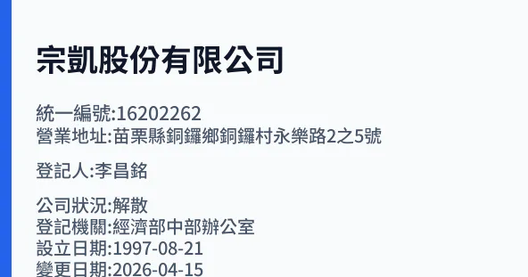 宗凱股份有限公司的照片-統編 16202262(苗栗縣) 公司登記資料與營業項目詳細圖表