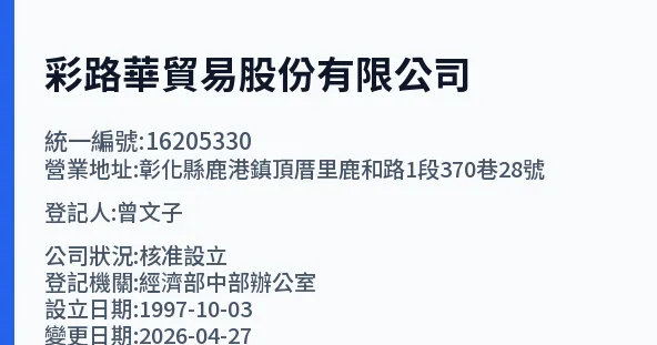 彩路華貿易股份有限公司的照片-統編 16205330(彰化縣) 公司登記資料與營業項目詳細圖表