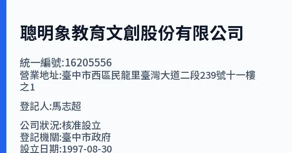 聰明象教育文創股份有限公司的照片-統編 16205556(臺中市) 公司登記資料與營業項目詳細圖表