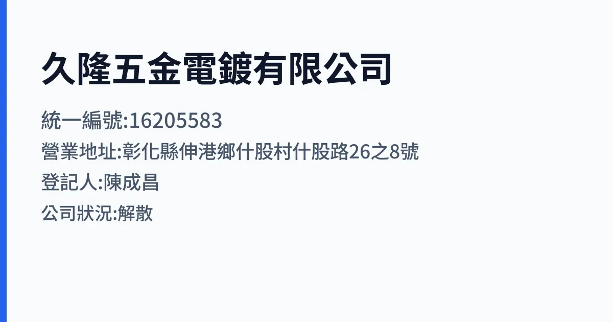 久隆五金電鍍有限公司 - 統編 16205583(彰化縣) 公司登記資料與營業項目詳細圖表