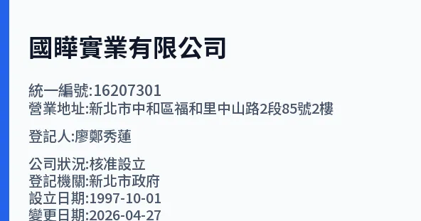 國瞱實業有限公司的照片-統編 16207301(新北市) 公司登記資料與營業項目詳細圖表
