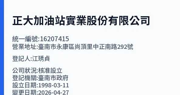 正大加油站實業股份有限公司的照片-統編 16207415(臺南市) 公司登記資料與營業項目詳細圖表