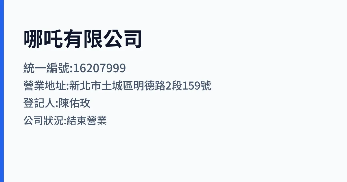 哪吒有限公司 - 統編 16207999(新北市) 公司登記資料與營業項目詳細圖表