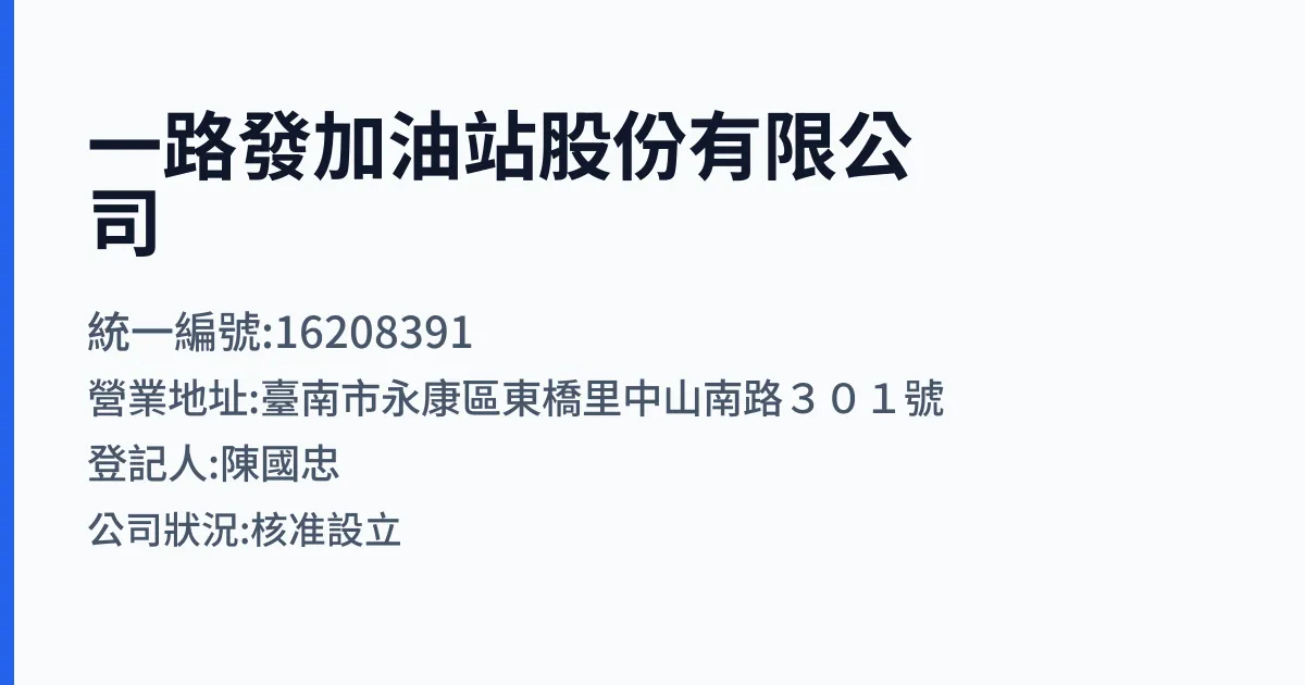 一路發加油站股份有限公司 - 統編 16208391（臺南市） 公司登記資料與營業項目詳細圖表