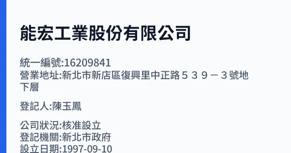 能宏工業股份有限公司的照片-統編 16209841(新北市) 公司登記資料與營業項目詳細圖表