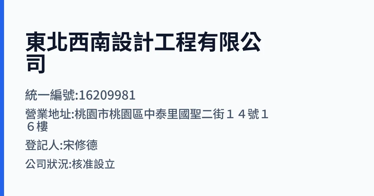 東北西南設計工程有限公司 - 統編 16209981(桃園市) 公司登記資料與營業項目詳細圖表