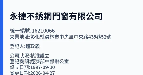 永捷不銹鋼門窗有限公司的照片-統編 16210066(彰化縣) 公司登記資料與營業項目詳細圖表