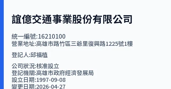 誼億交通事業股份有限公司的照片-統編 16210100(高雄市) 公司登記資料與營業項目詳細圖表