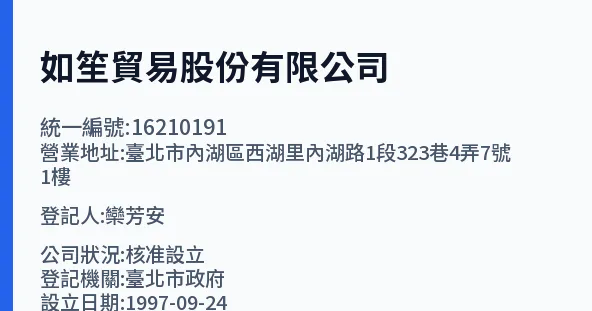如笙貿易股份有限公司的照片-統編 16210191(臺北市) 公司登記資料與營業項目詳細圖表