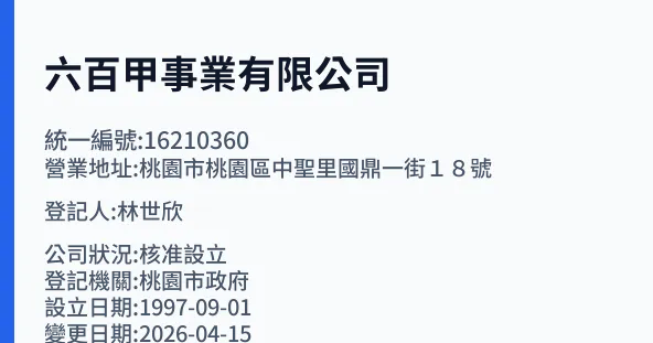 六百甲事業有限公司的照片-統編 16210360(桃園市) 公司登記資料與營業項目詳細圖表