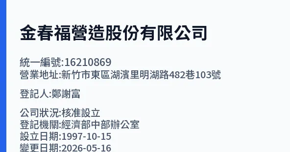 金春福營造股份有限公司的照片-統編 16210869(新竹市) 公司登記資料與營業項目詳細圖表