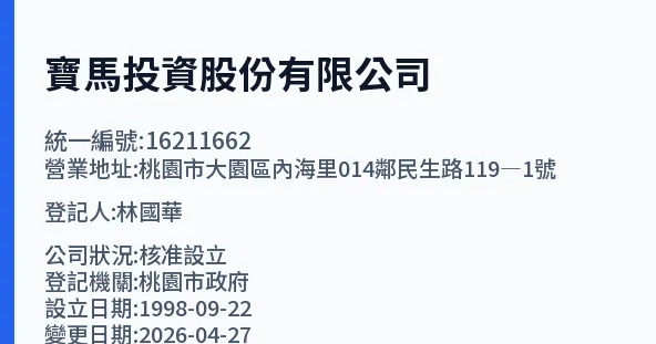 寶馬投資股份有限公司的照片-統編 16211662(桃園市) 公司登記資料與營業項目詳細圖表