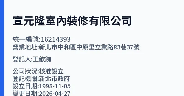 宣元隆室內裝修有限公司的照片-統編 16214393(新北市) 公司登記資料與營業項目詳細圖表