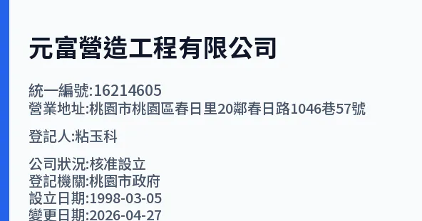 元富營造工程有限公司的照片-統編 16214605(桃園市) 公司登記資料與營業項目詳細圖表