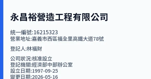 永昌裕營造工程有限公司的照片-統編 16215323(嘉義市) 公司登記資料與營業項目詳細圖表
