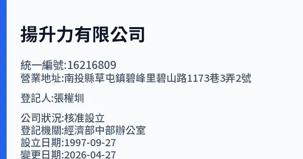 揚升力有限公司的照片-統編 16216809(南投縣) 公司登記資料與營業項目詳細圖表
