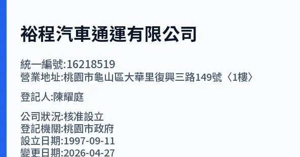 裕程汽車通運有限公司的照片-統編 16218519(桃園市) 公司登記資料與營業項目詳細圖表