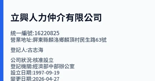 立興人力仲介有限公司的照片-統編 16220825(屏東縣) 公司登記資料與營業項目詳細圖表