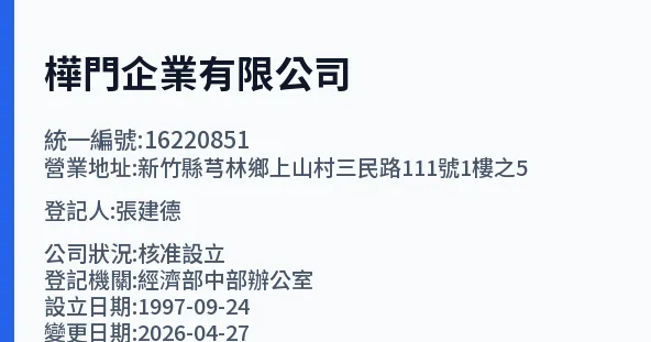樺門企業有限公司的照片-統編 16220851(新竹縣) 公司登記資料與營業項目詳細圖表